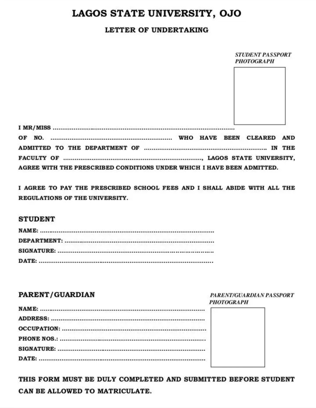 LAGOS STATE UNIVERSITY UNDERTAKEN LETTER