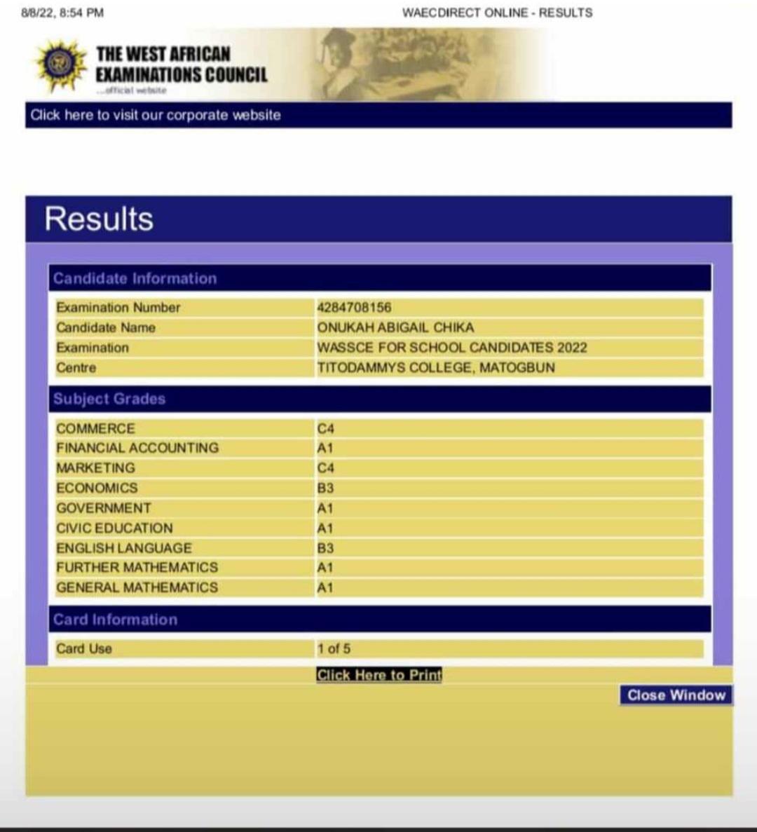 See students with 'best' WAEC result, school names and grades